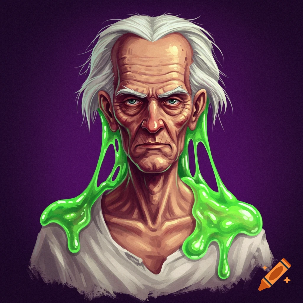 Stylized portrait of an old man with white hair and green slime ...