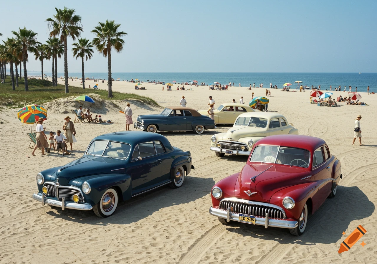 Vintage cars parked on a sandy beach with people relaxing under palm ...