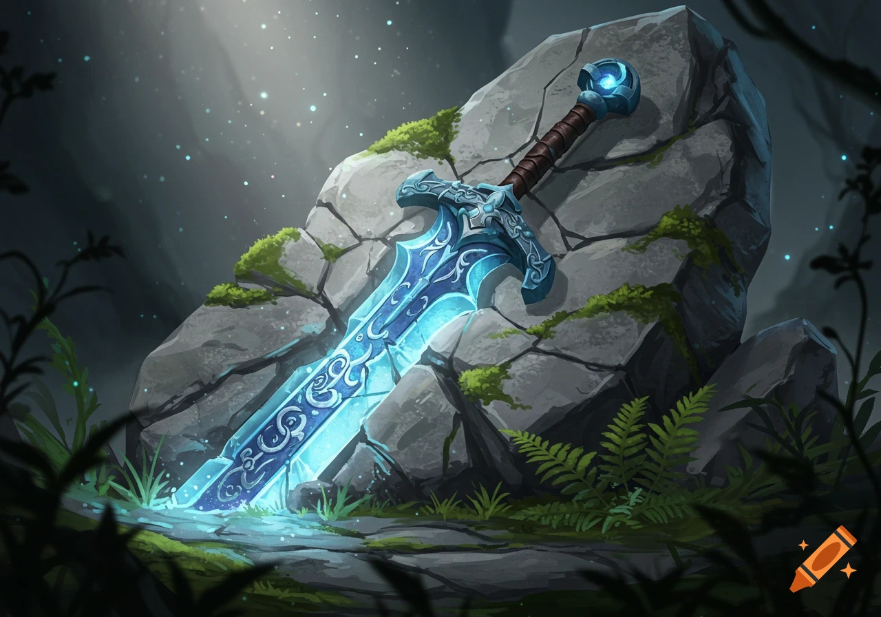 A glowing mythical sword stuck in a mossy rock in a dark forest ...