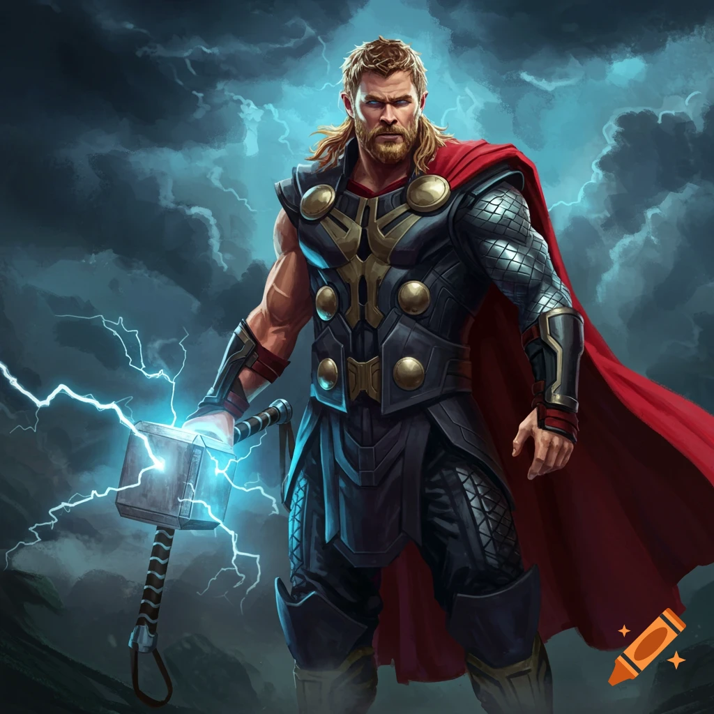 Thor holds Mjolnir with lightning in a dramatic fantasy illustration ...