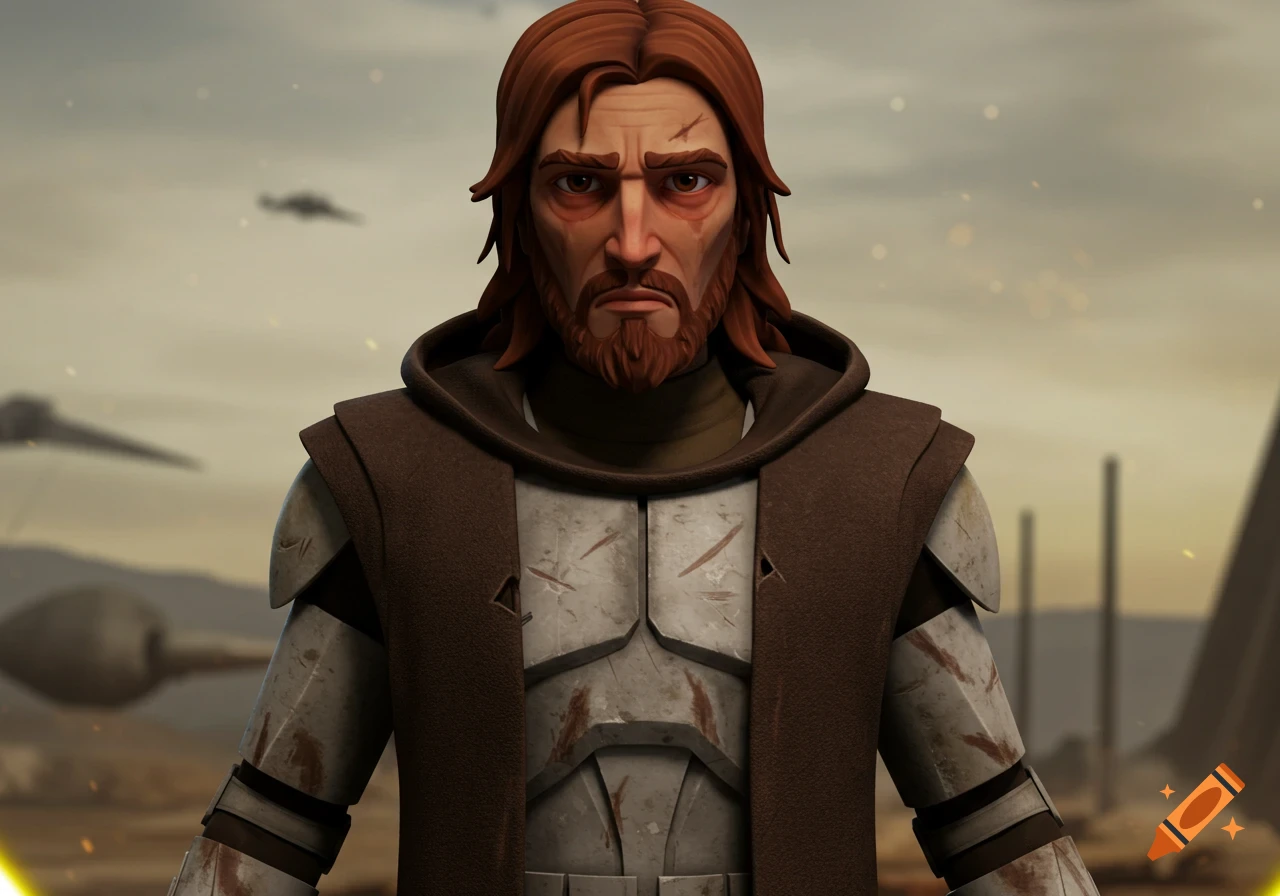 A stylized 3D rendering of a male Jedi in armor and robes standing on a ...