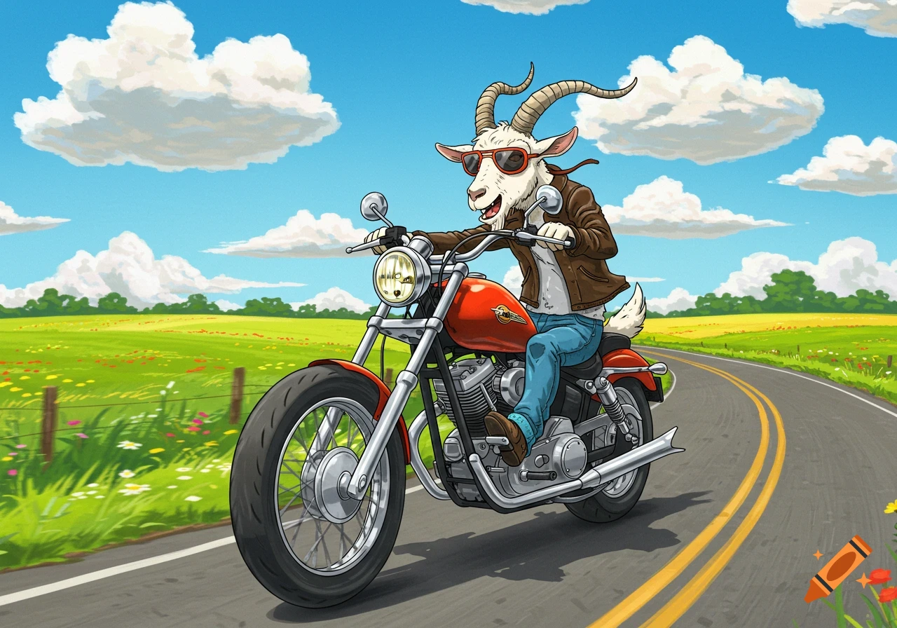 A cartoon goat wearing sunglasses and a jacket rides a motorcycle on a ...