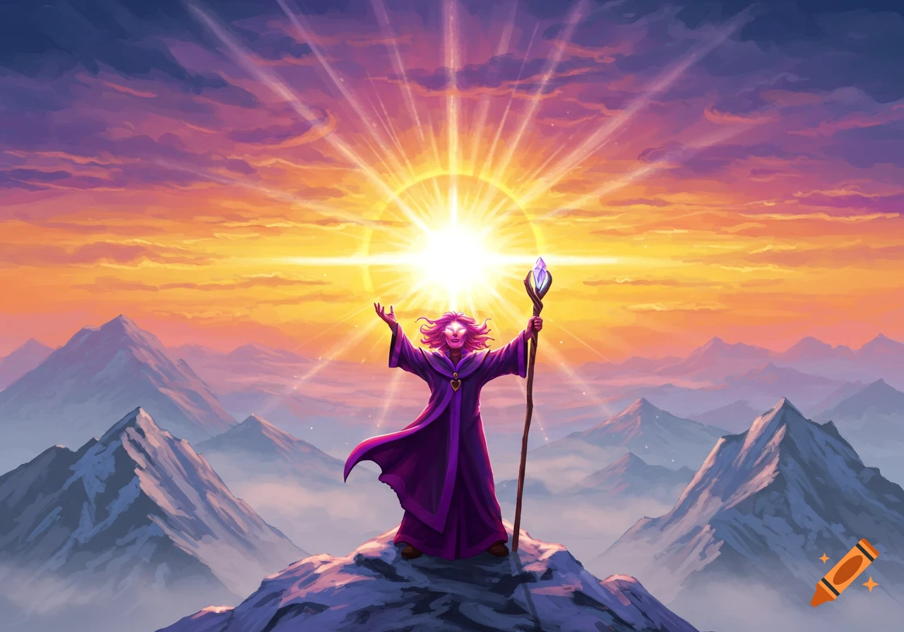 Fantasy illustration of a wizard on a mountain raising the sun at ...