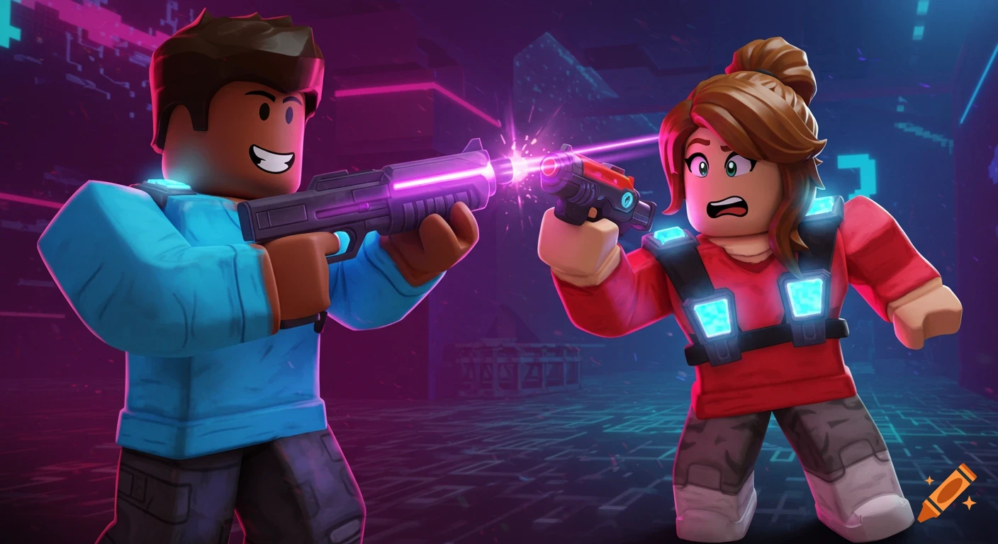 Two Roblox-style characters play laser tag, shooting lasers at each ...
