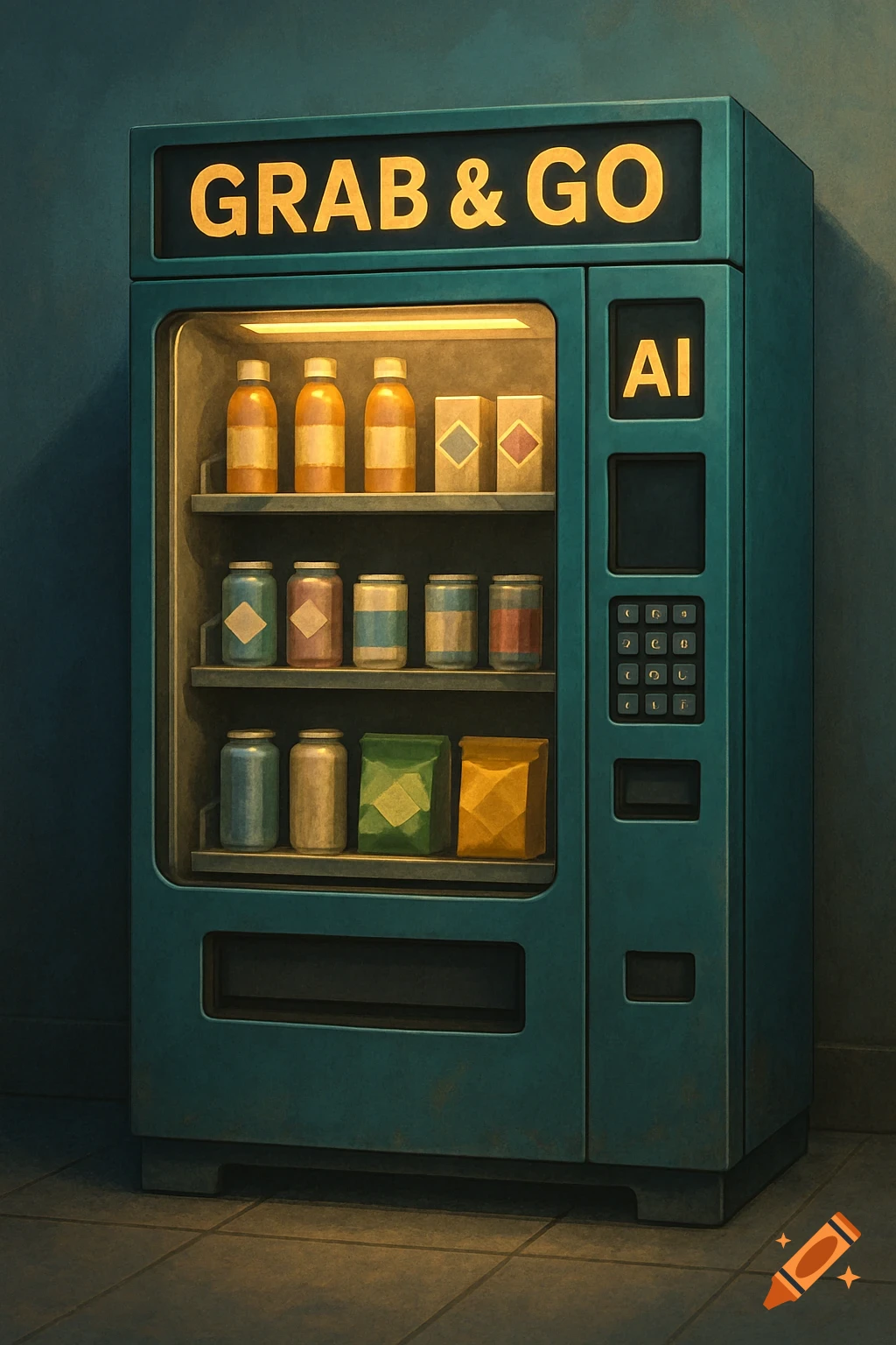 Teal vending machine with 'Grab & Go AI' sign and items inside. on Craiyon