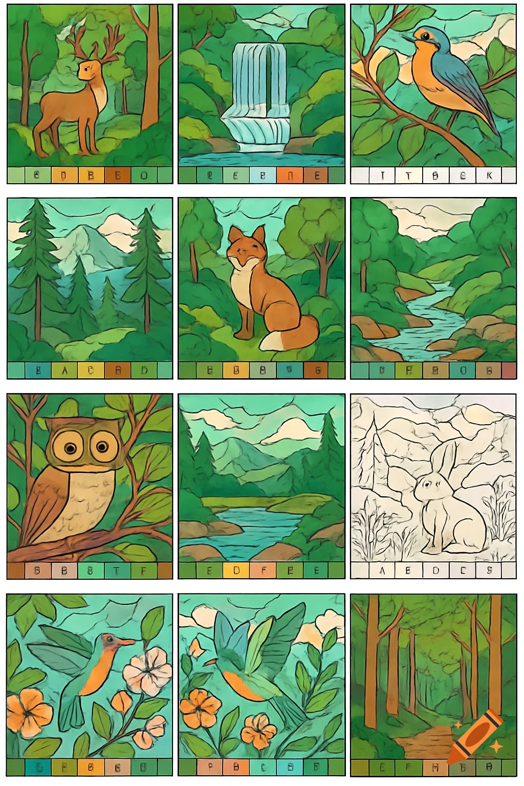 Grid of nature and animal illustrations in a color-by-number style on ...