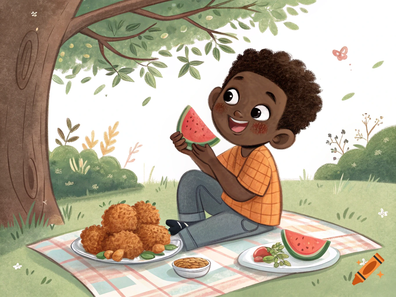 Illustration of a happy black boy eating watermelon and fried food at a ...