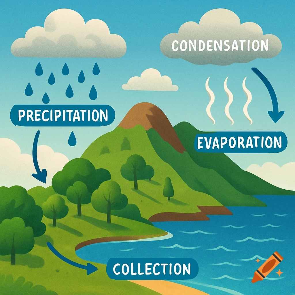 Illustration of the water cycle with labels for precipitation ...