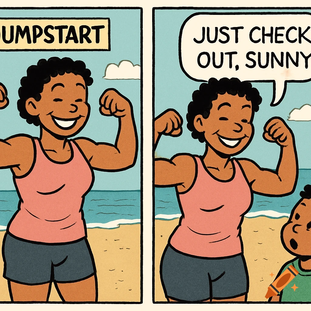 A comic panel shows a woman flexing her muscles at the beach. on Craiyon