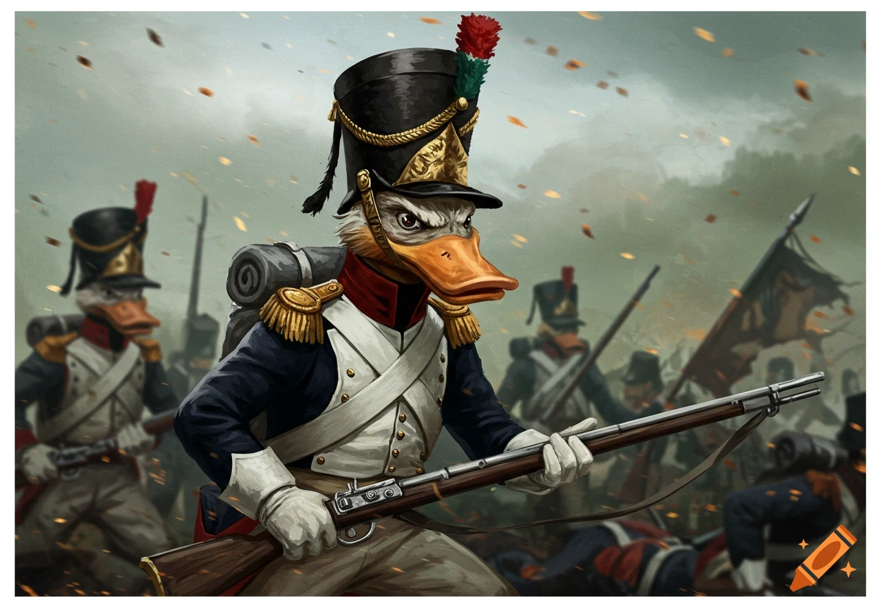 Duck soldier in Napoleonic French uniform holds a rifle on a ...