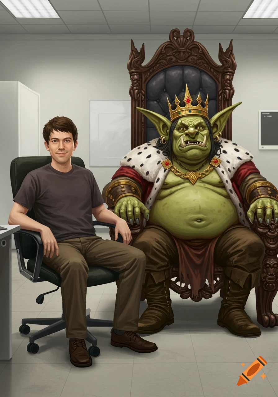 A man sits in an office chair next to a large goblin king on a throne ...