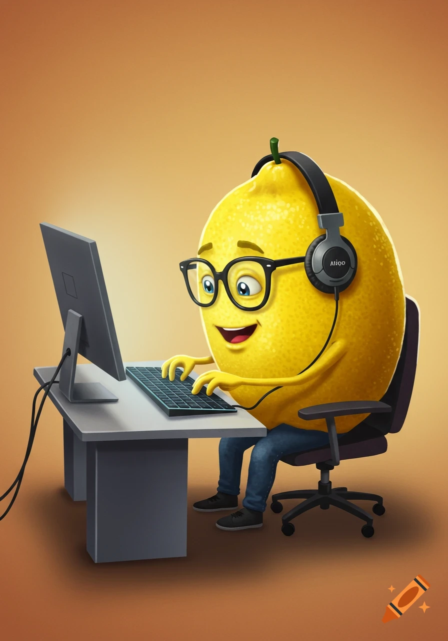 A cartoon lemon character wearing glasses and headphones sits at a ...