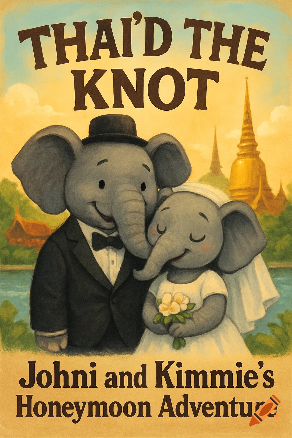 Cute illustration of two elephant newlyweds in Thailand, labeled 'Thai ...