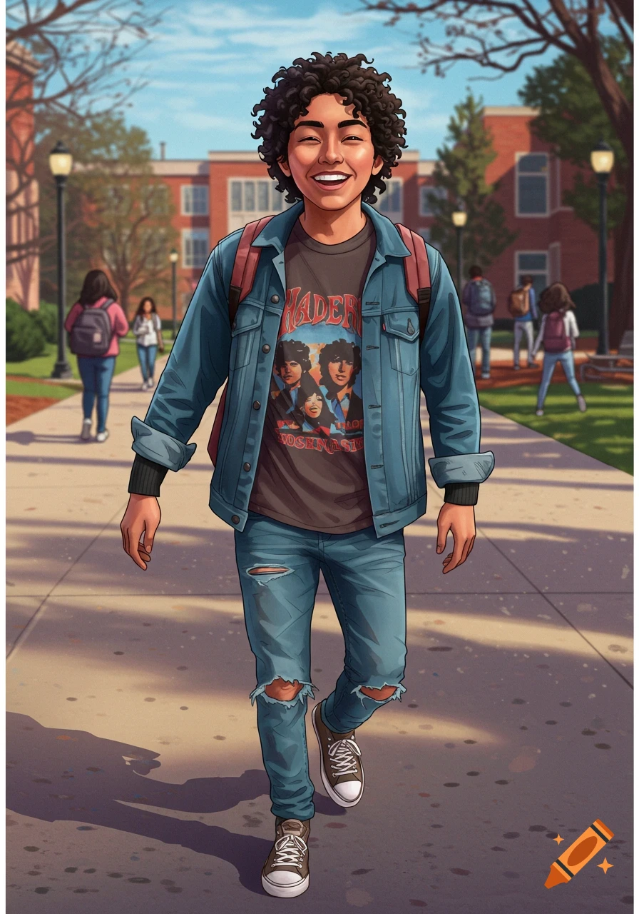 Illustration of a smiling student walking on a college campus path on ...