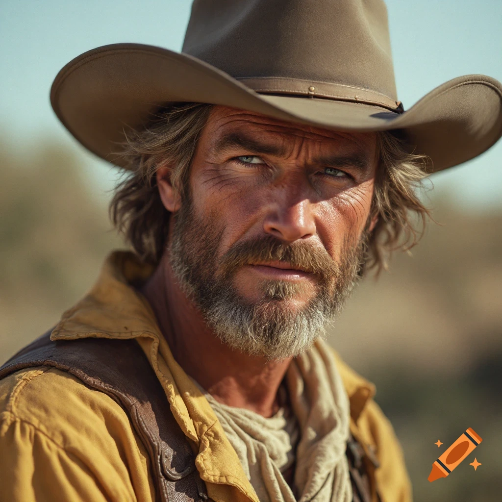 Close-up portrait of a rugged man wearing a cowboy hat, in a Western ...