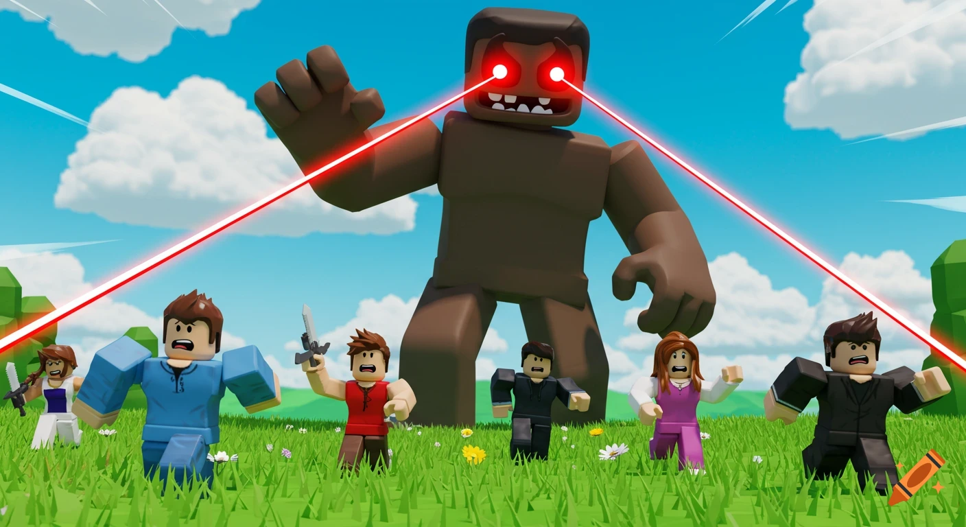 Roblox characters run from giant character with laser eyes in grassy ...