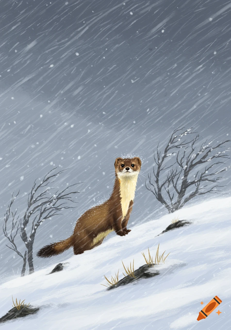 Illustration of a weasel standing on a snowy slope during a snowstorm ...