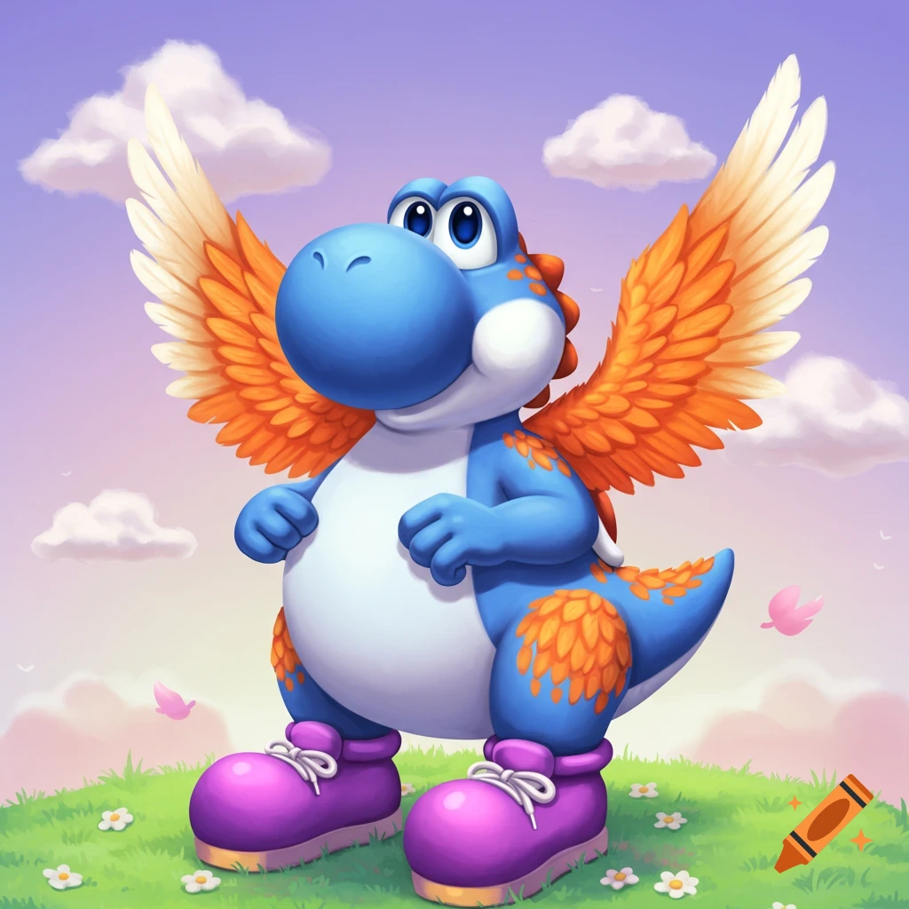 A blue Yoshi-like dragon with orange wings and purple shoes stands on a grassy hill. on Craiyon