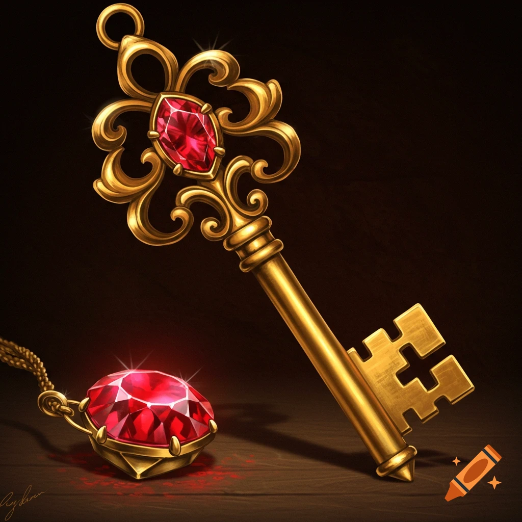 A golden ornate key with a ruby gem and a ruby pendant on a table. on ...