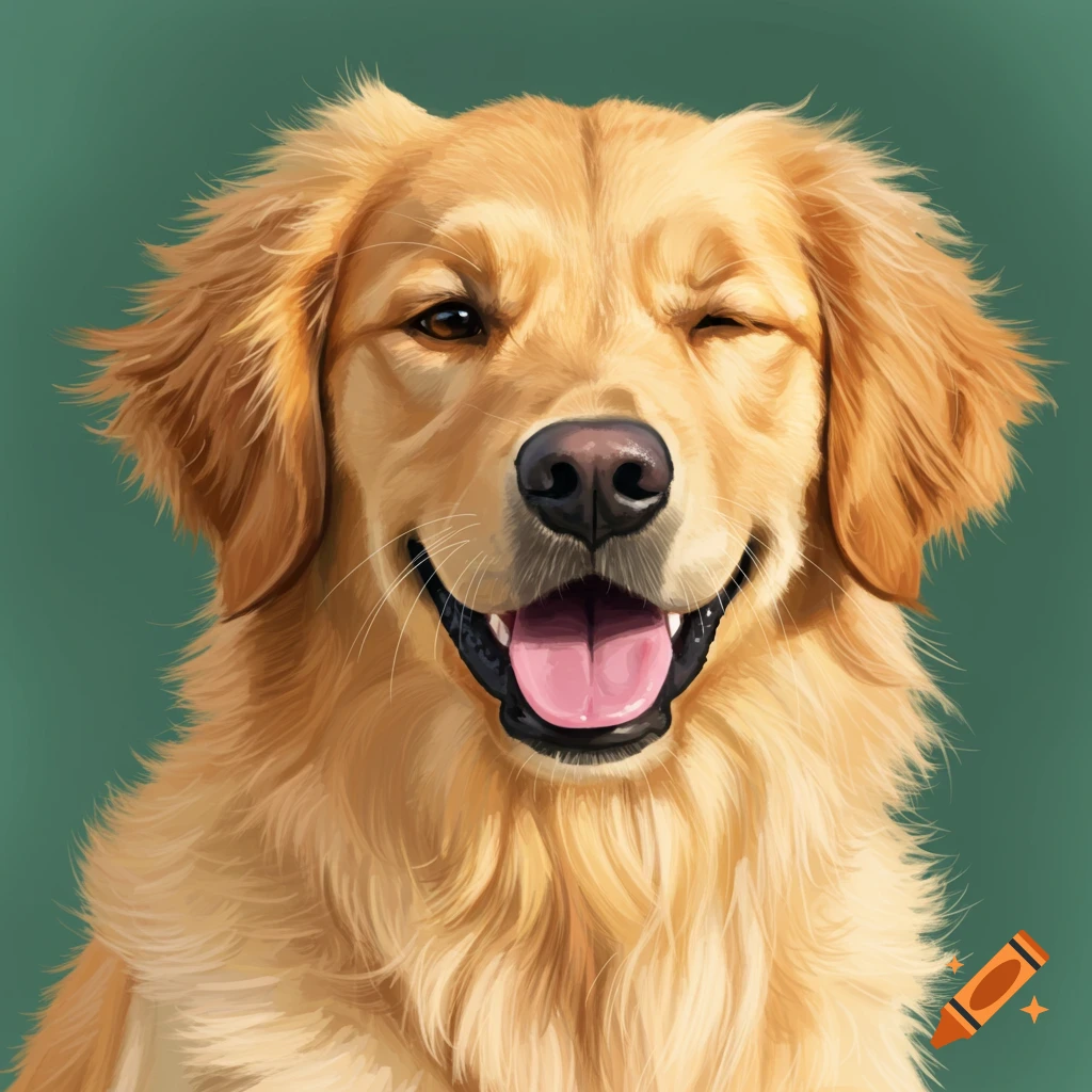 Close-up illustration of a golden retriever dog winking on Craiyon