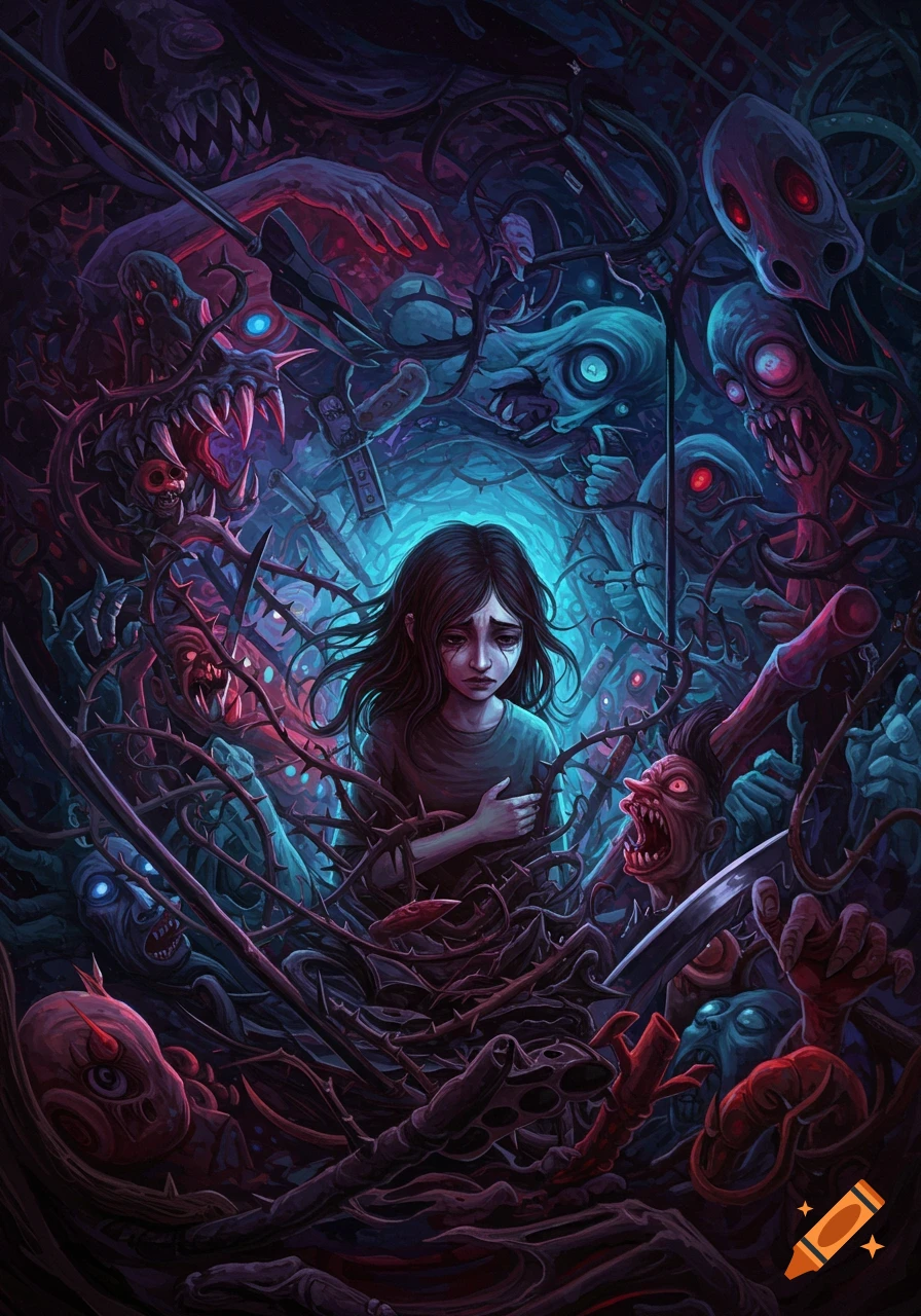 A young person is trapped amidst grotesque, dark fantasy creatures in a ...