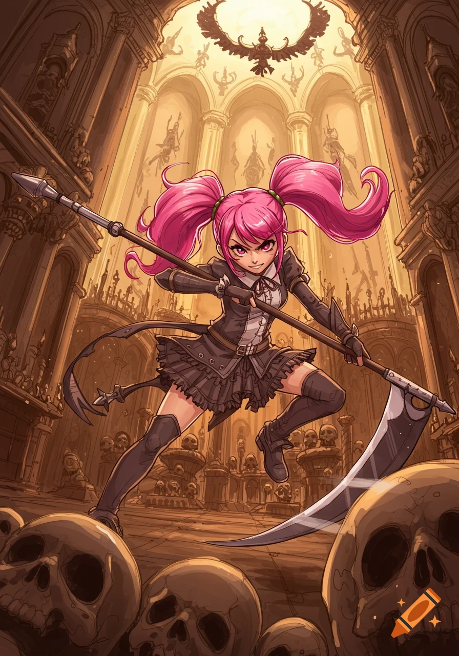 Anime girl with pink pigtails and a scythe stands among skulls in a ...