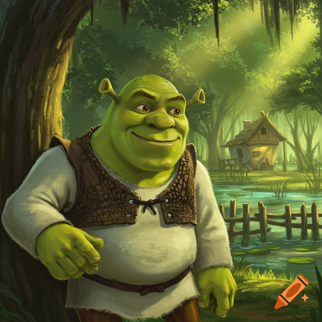 Illustration of Shrek standing by a tree in his swamp home, smiling. on ...