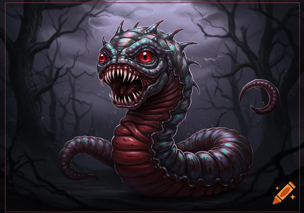 A monstrous, spiky worm-like creature with sharp teeth and red eyes in ...