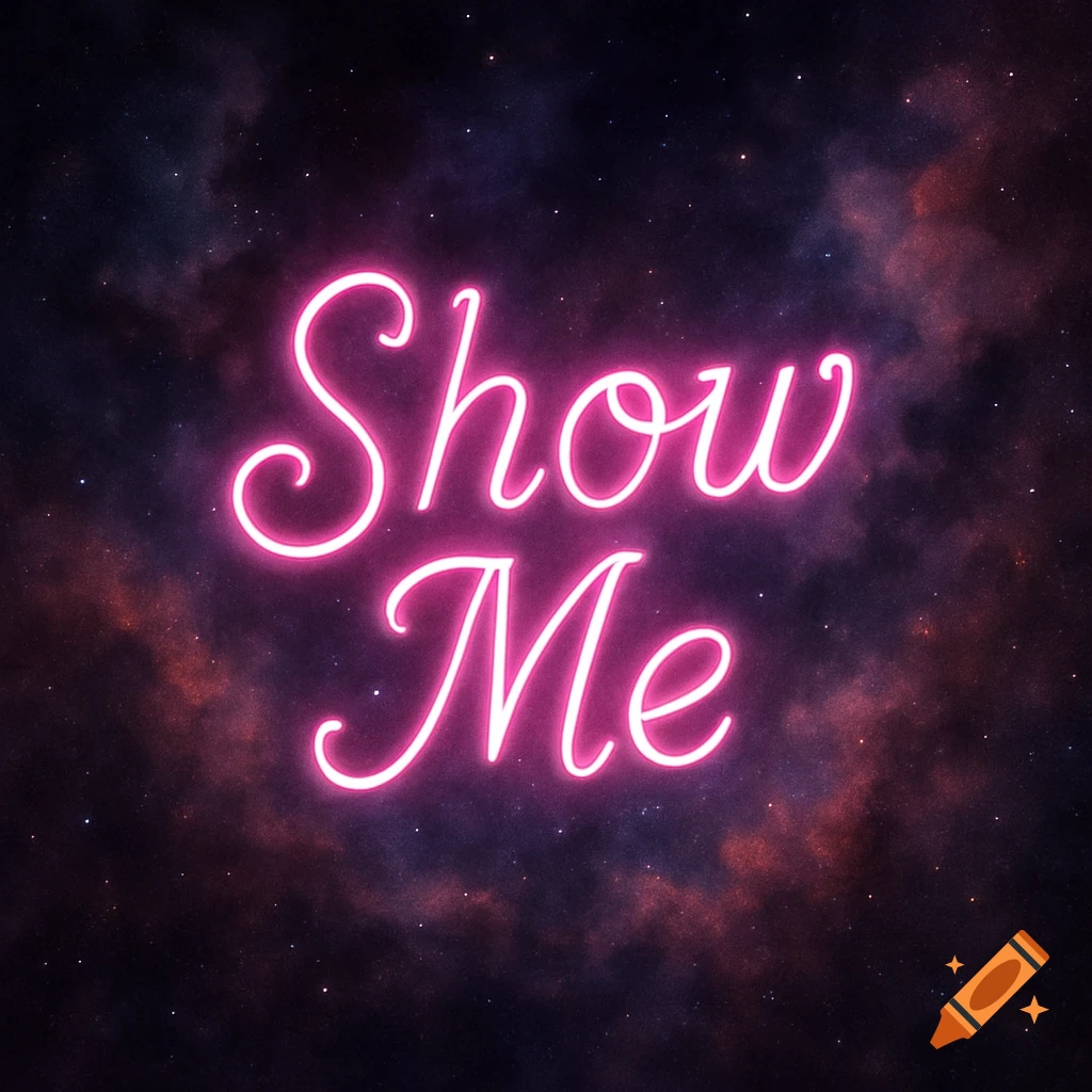 Pink neon sign spelling "Show Me" against a dark, starry galaxy ...