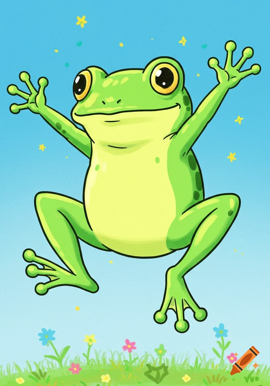 Cartoon frog jumping over flowers with a blue sky and stars. on Craiyon