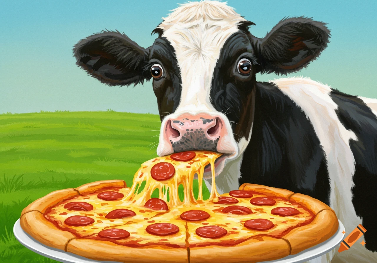 A cartoon cow with wide eyes eats a slice of pepperoni pizza ...