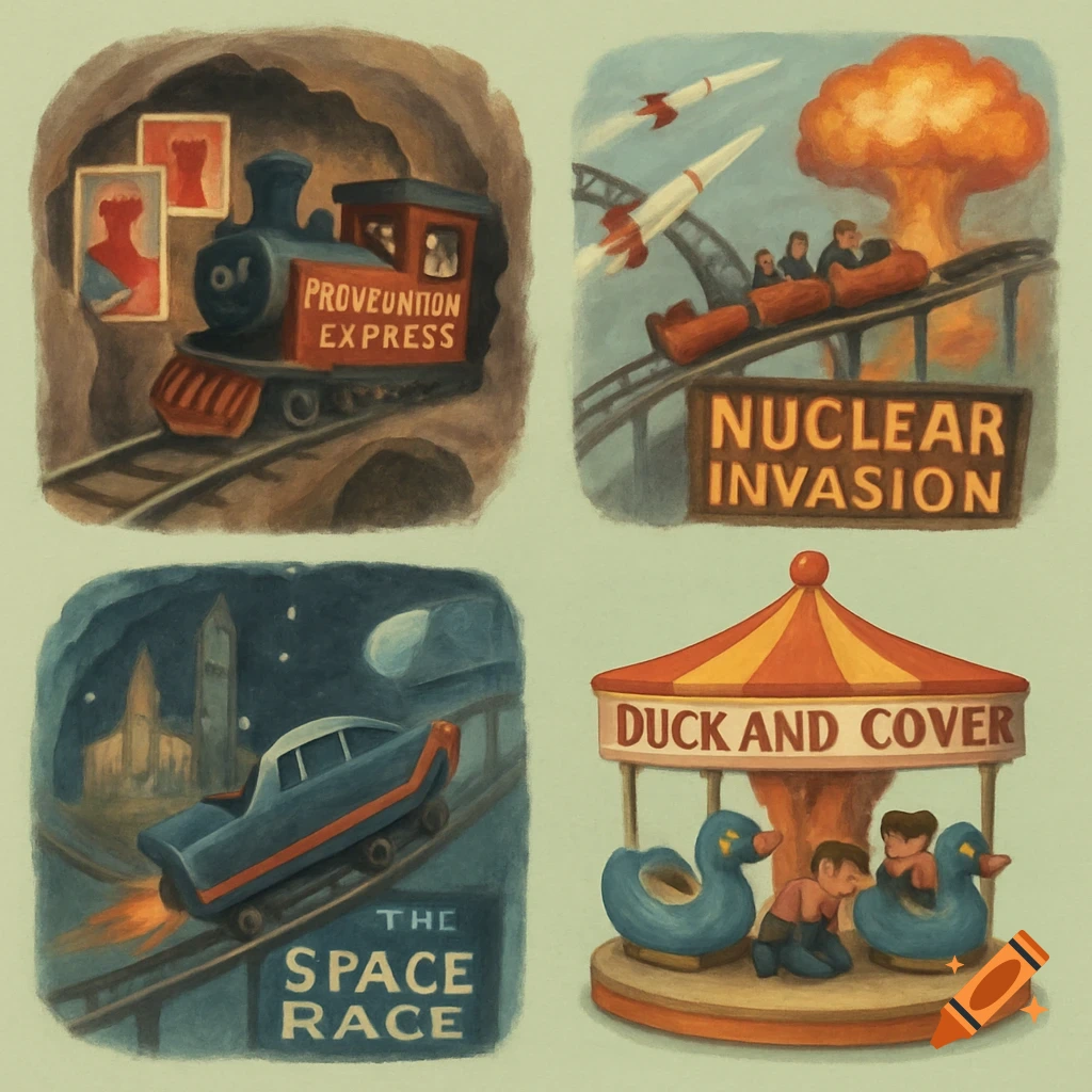 Four illustrated panels depicting amusement park rides themed around ...