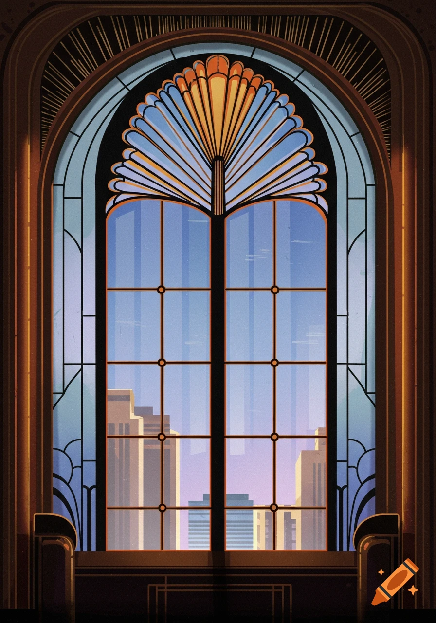 Art deco arched window overlooking a city skyline. on Craiyon