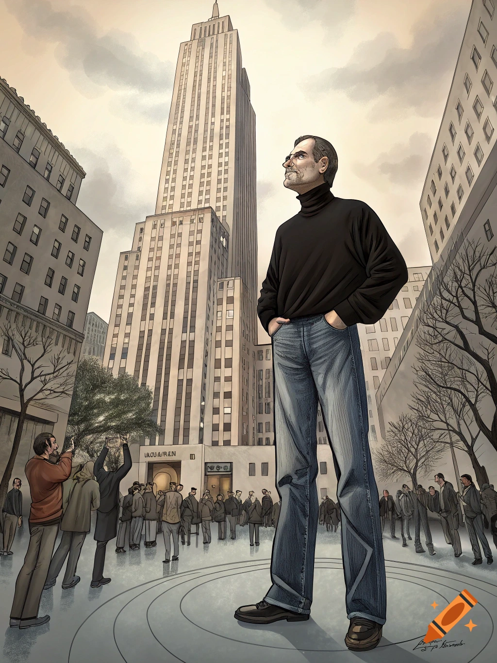 Giant Steve Jobs stands in a city street looking up at a skyscraper ...