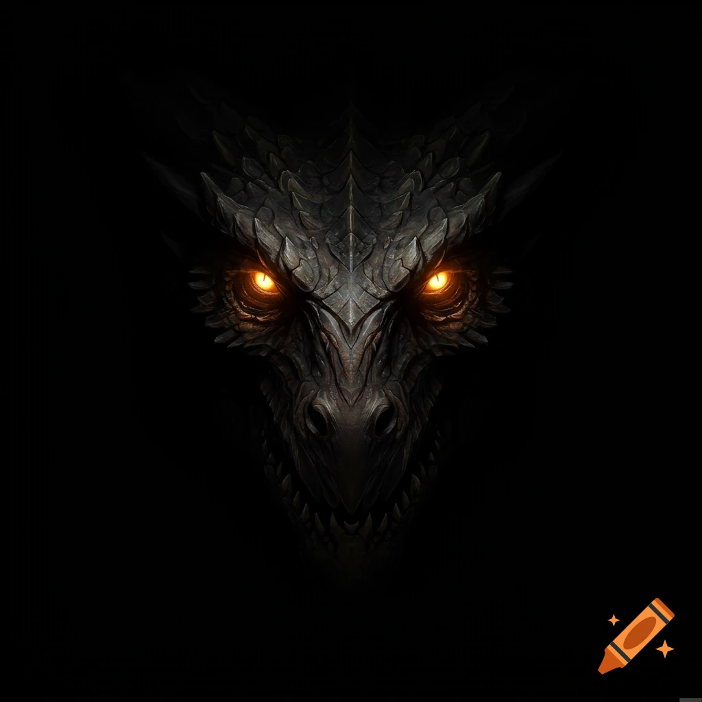 A dragon's head with bright orange glowing eyes on a black background ...