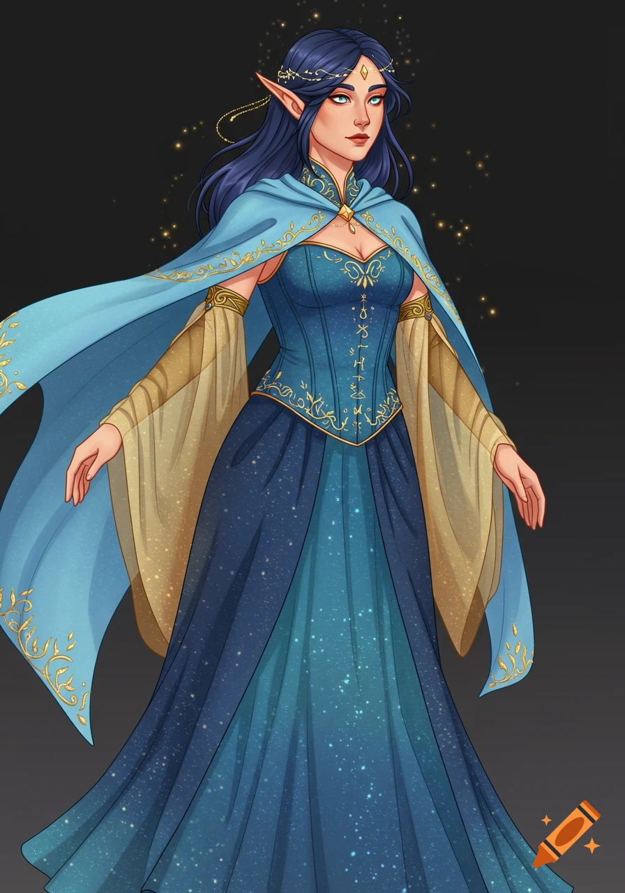 Full body portrait of a fantasy elf woman in a blue and gold dress and ...