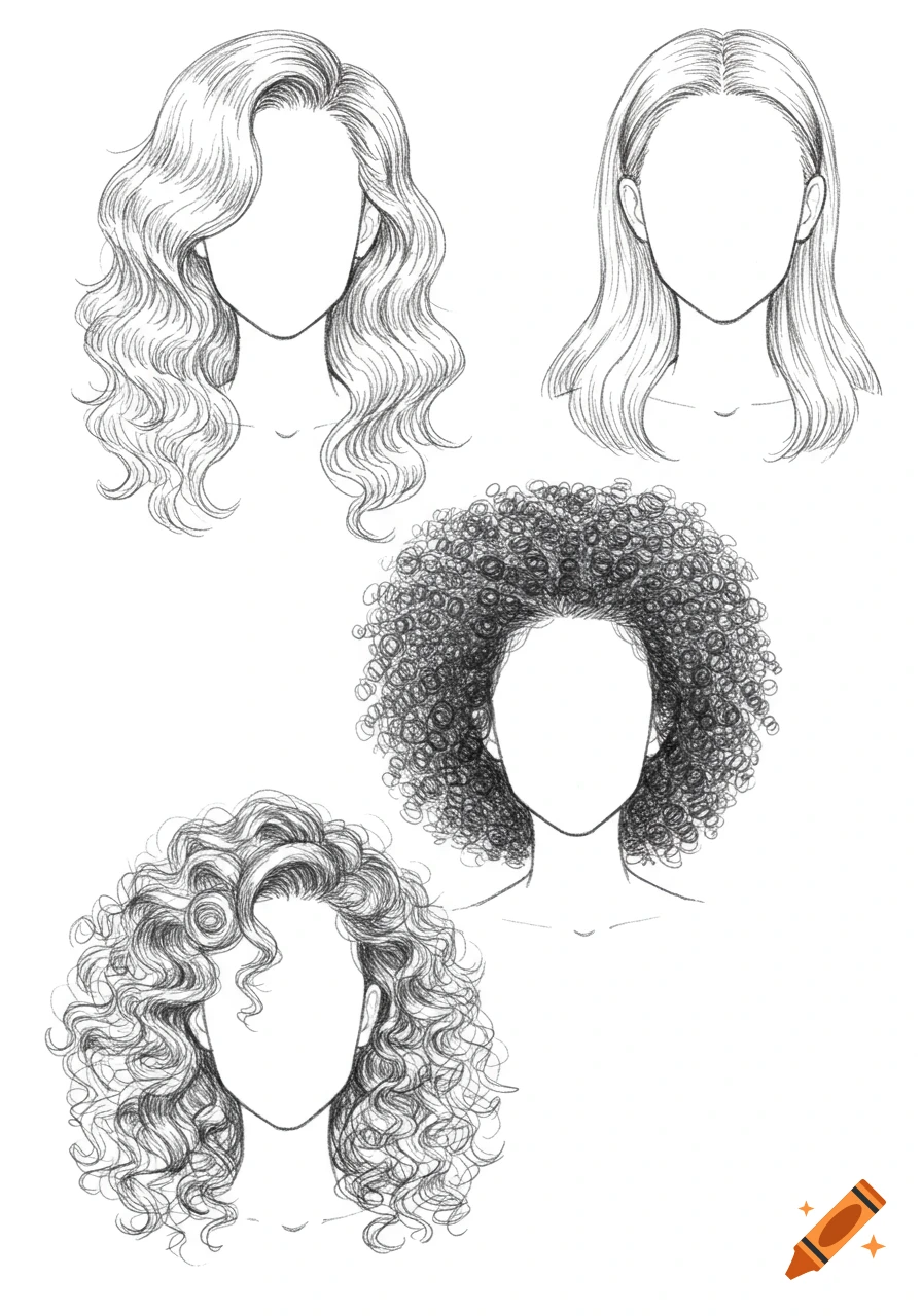 Pencil sketches of four different hairstyles on faceless heads. on Craiyon