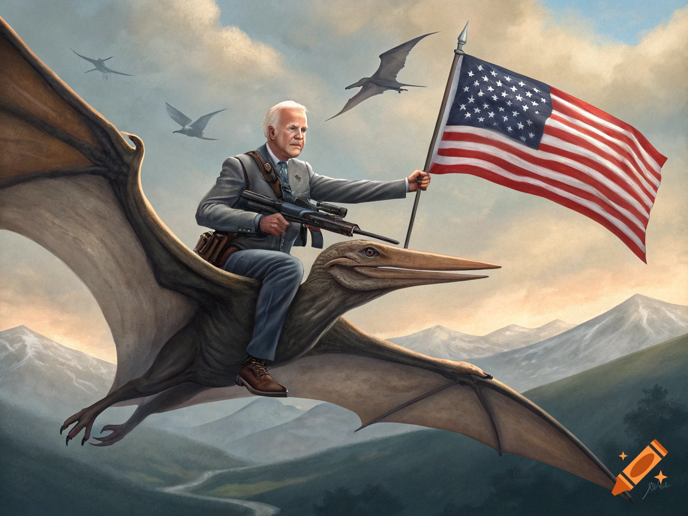 Illustration of Joe Biden riding a Pterodactyl over mountains, holding ...