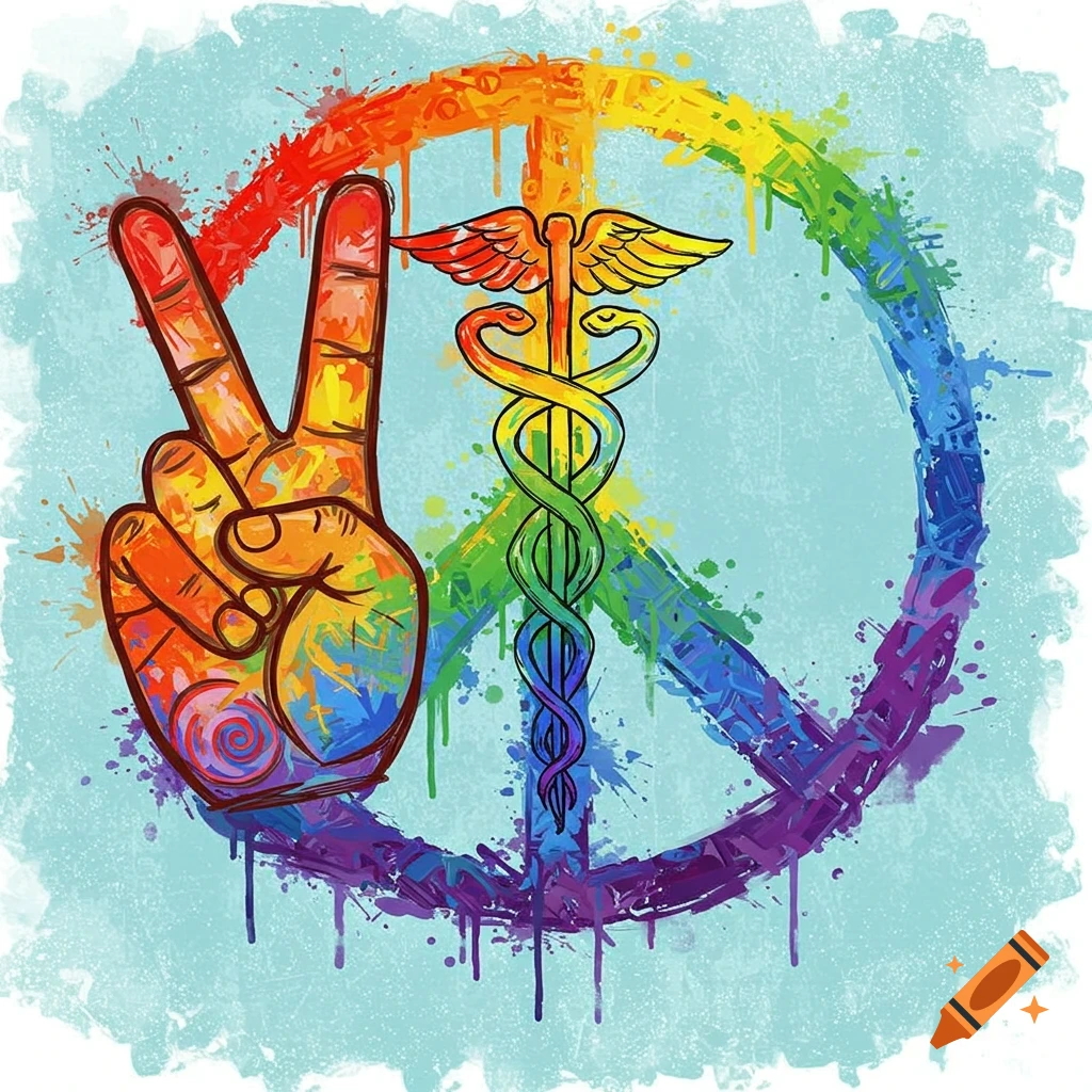 Rainbow watercolor illustration of a hand showing a peace sign and a ...