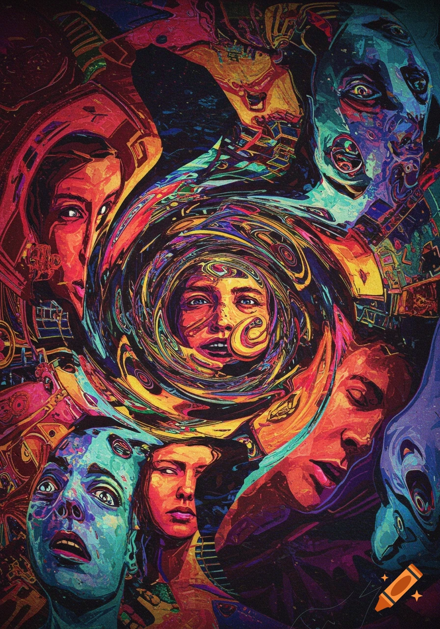 Abstract psychedelic art with swirling, distorted faces and vibrant ...