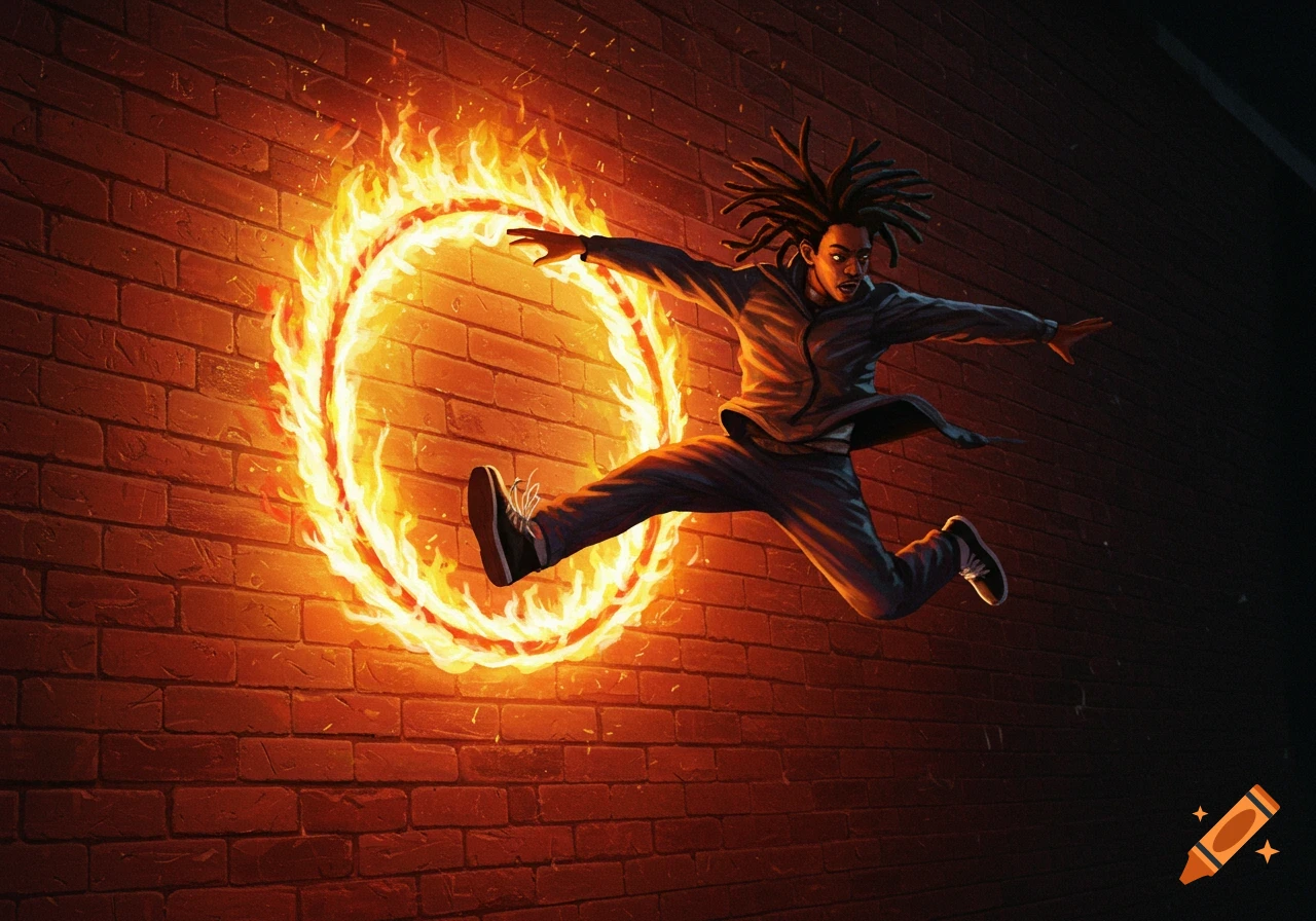 A person with dreadlocks jumps through a glowing ring of fire set ...