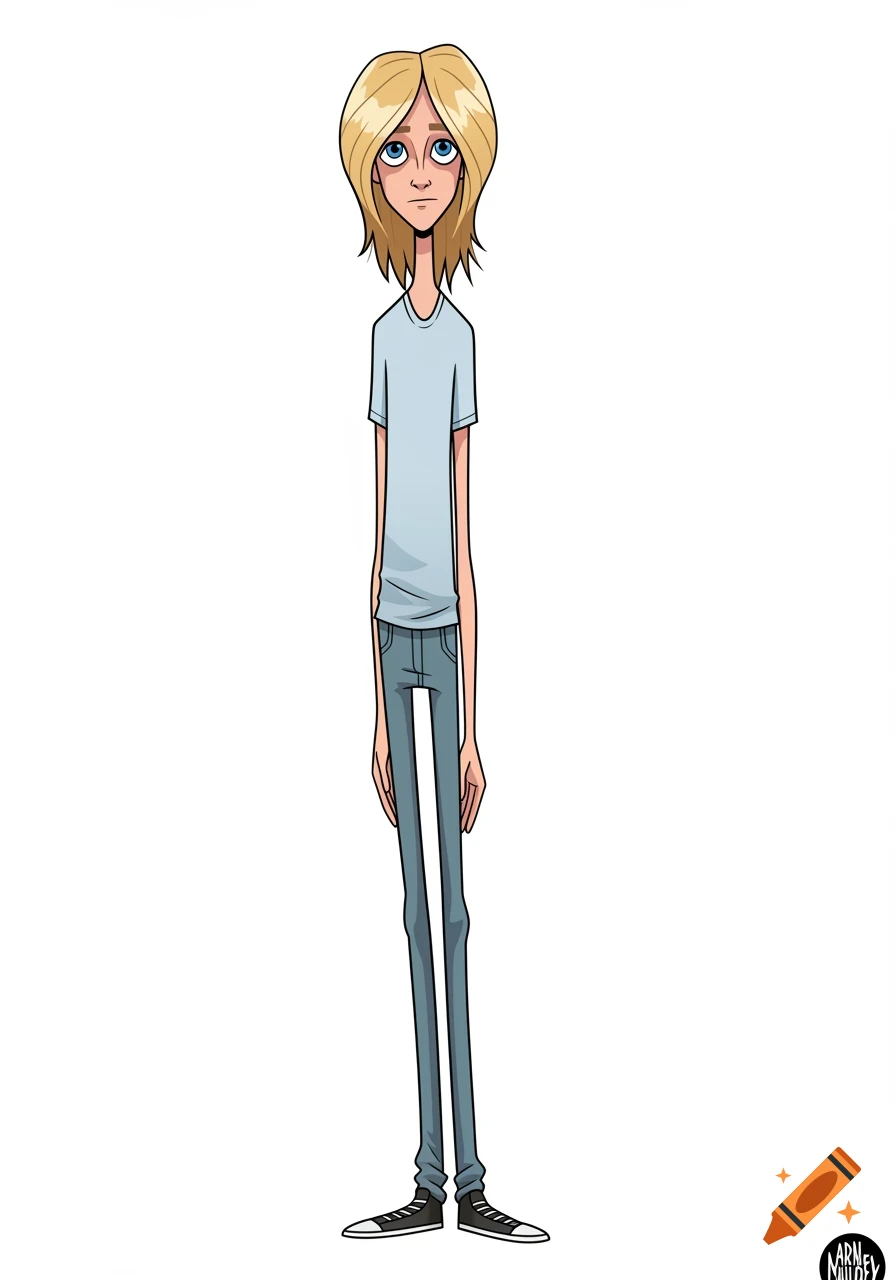 Cartoon drawing of a tall, skinny blonde character in a blue t-shirt ...