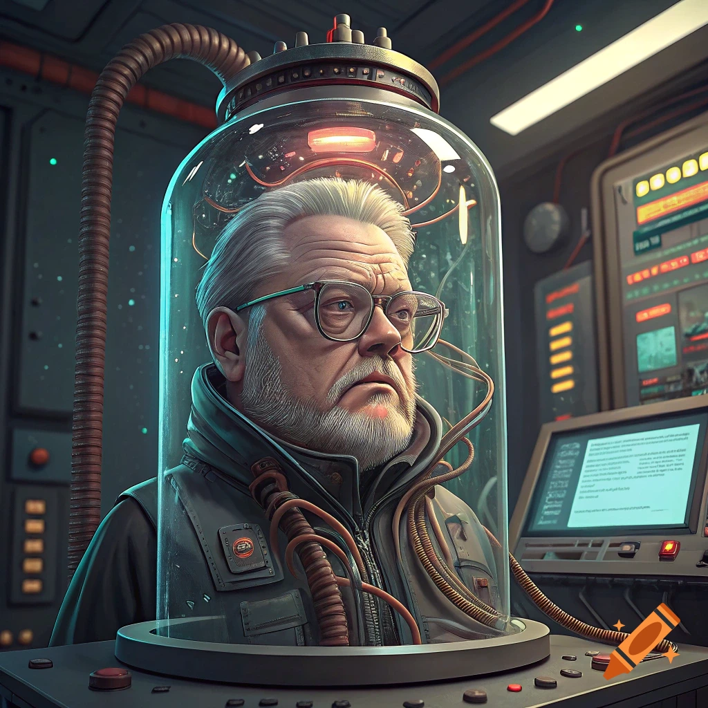 Sci-fi portrait of a man's head in a glass jar connected to machinery ...
