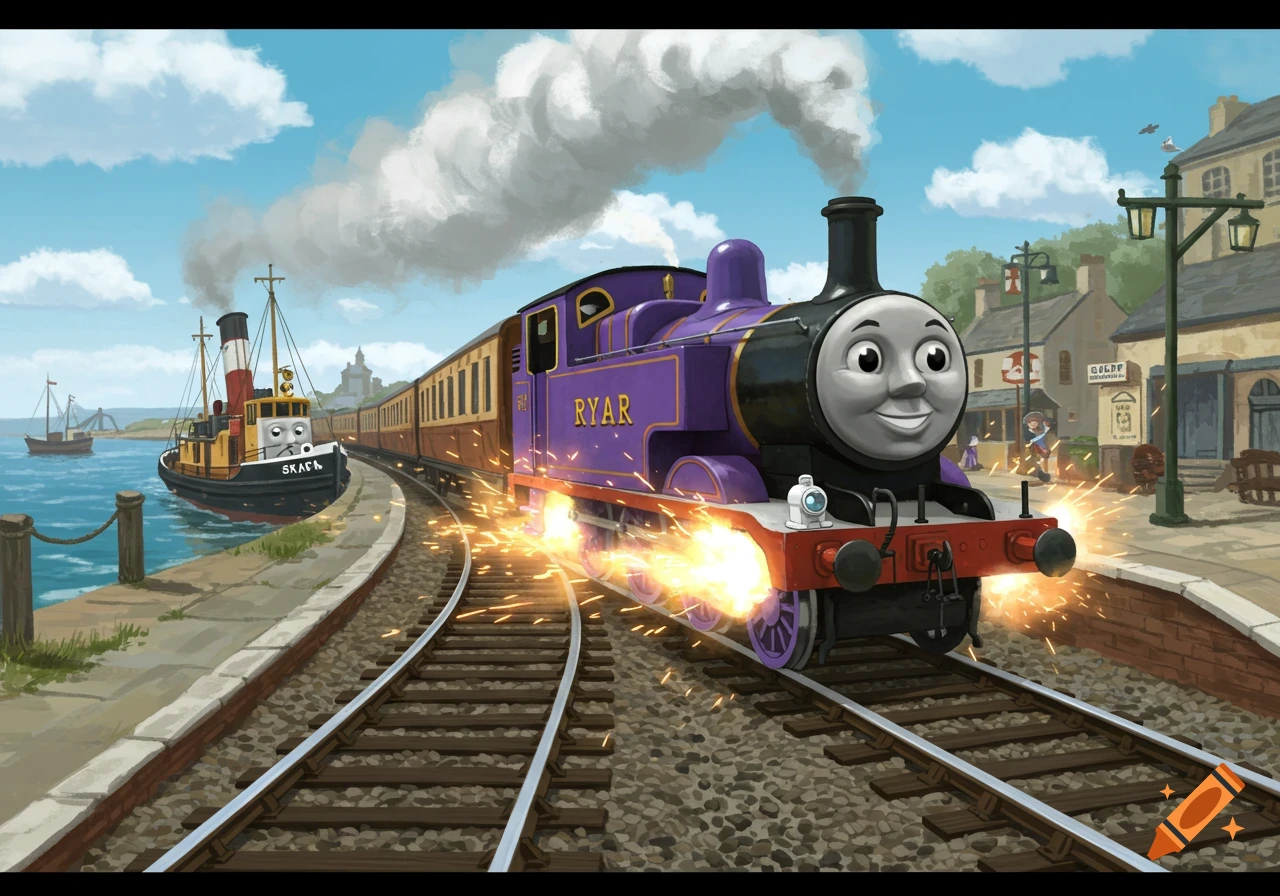 Animated purple train with sparks flying on railway tracks next to a ...