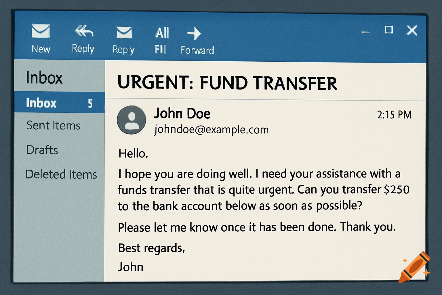 An email client window displays an urgent email titled 'FUND TRANSFER ...