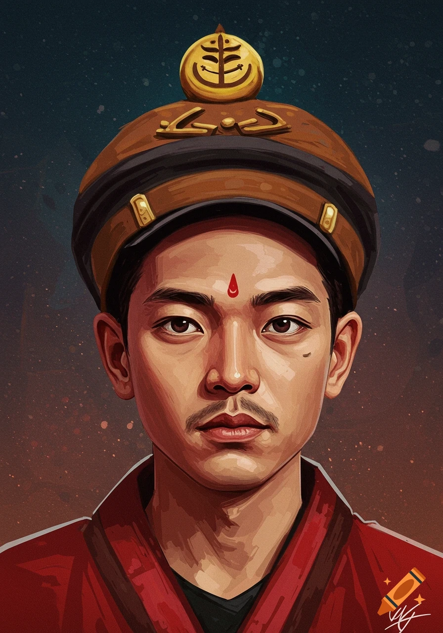 Digital painting portrait of a person wearing a brown hat and red robe ...