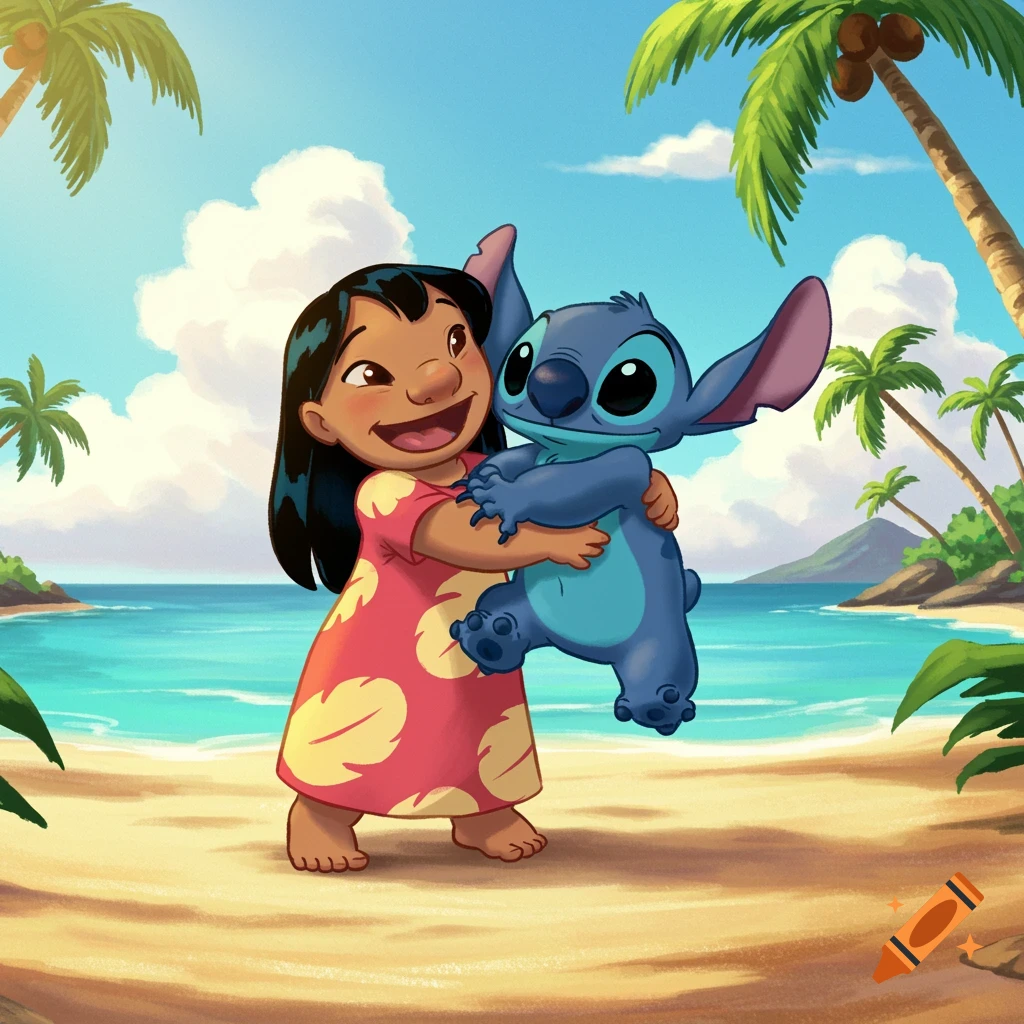 Lilo hugging Stitch on a beach with palm trees on Craiyon