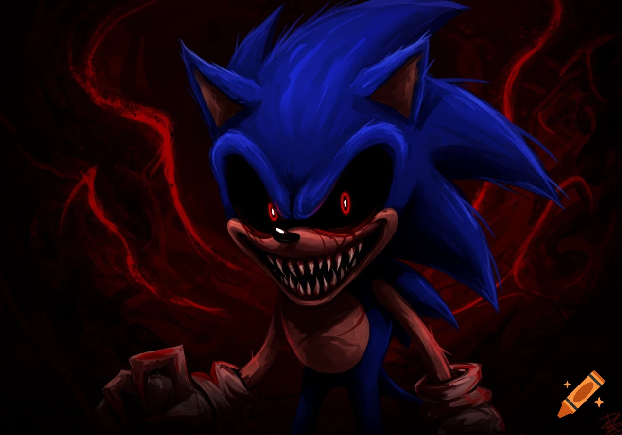 Sonic.exe character with red eyes, sharp teeth, and bloody streaks, in ...