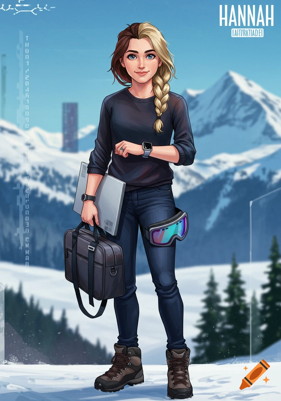 Illustrated character portrait of Hannah, an IT worker who likes to ski ...