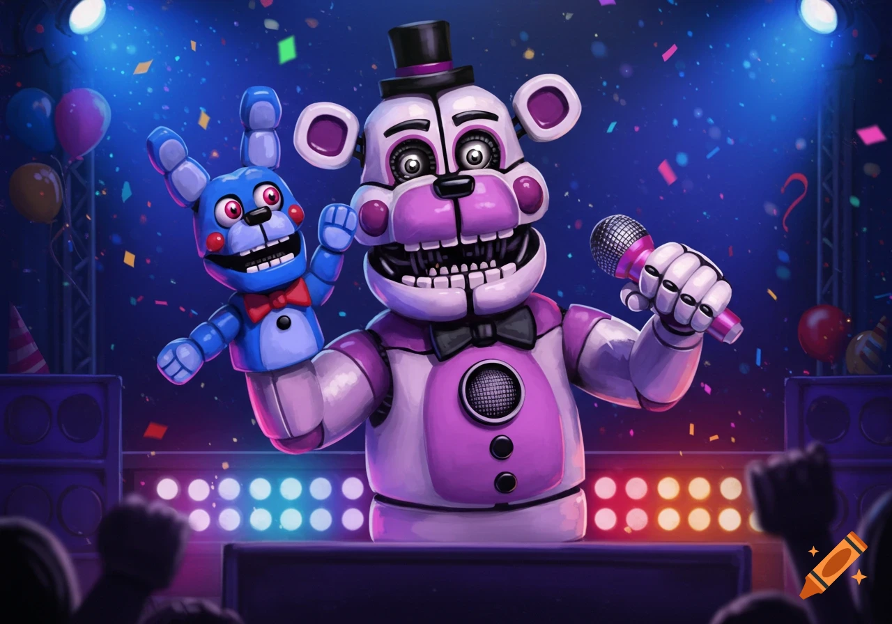 Funtime Freddy holding Bon-Bon on stage with a microphone, lights, and ...